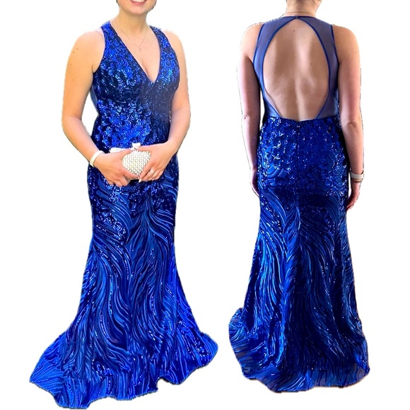 Jovani | Dresses | Jovani Royal Blue Open Back Sequent Prom Gown | Poshmark